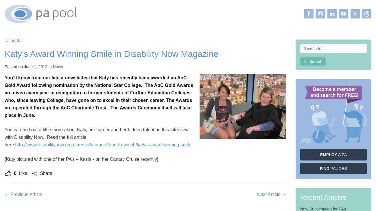 PA Pool - Katy’s Award Winning Smile in Disability Now Magazine